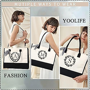 YOOLIFE Personalized Initial Canvas Tote Bag Gifts for Women, Gifts for Women Mom Birthday Beach Bag with Makeup Bag Pockets Friends Teacher Grandma Wedding Birthday Gifts Bridesmaid Bags D