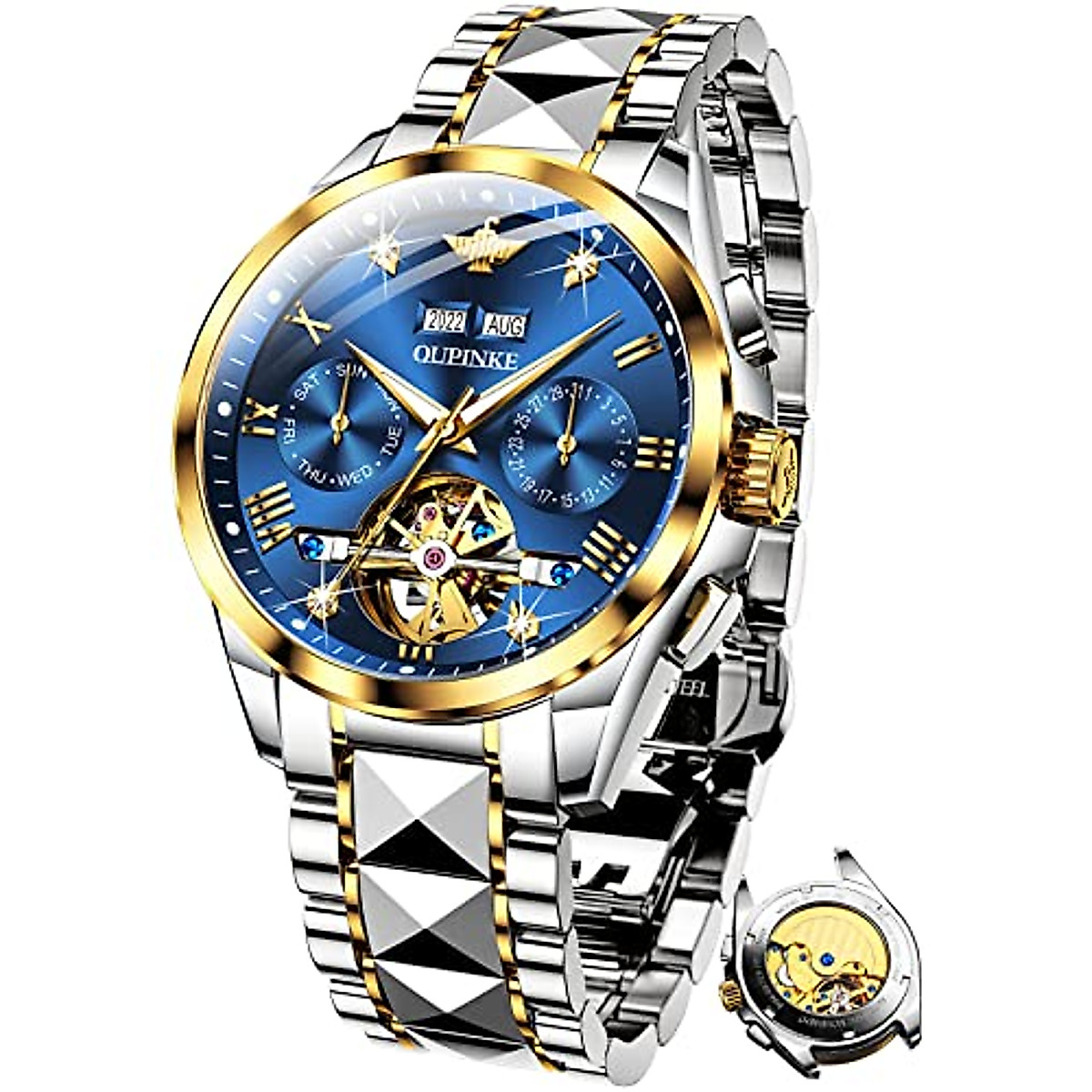 OUPINKE Mens Automatic Watch Blue Skeleton Mechanical Luxury Diamond Self Winding Dress Wrist Watches Sapphire Crystal Tungsten Steel Business Gifts