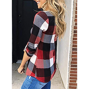 Dokotoo Women's Spring Summer Fall Fashion Casual Ladies Basic Cotton Cuffed 3/4 Long Sleeve Plaid Print V Neck Work Tops Tunic Shirts and Blouses for Women 2024 Red
