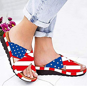 HunYUN Women Flag Print Summer Sandals Thick Bottomed Sandal Shoes Wedge Heel Sandals Clip Toe Summer Beach Shoes