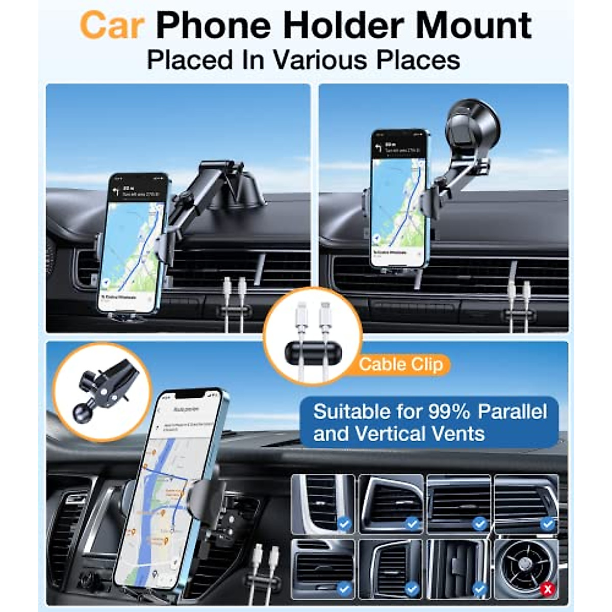 HTU Phone Mount for Car [2023 Upgraded Military-Grade Super Suction] Universal Car Phone Holder Mount for Car Dashboard Windshield Vent Car Mount for iPhone 14 Pro Max Plus Samsung All Phones & Cars