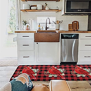 Libaoge Kitchen Mat Rug 1 PCS Christmas Robin Red Black Buffalo Plaid Runner Rug Anti-Fatigue Comfort Memory Foam Standing Mat Non-Slip Floor Door Mat for Bathroom Bedroom 20x47in