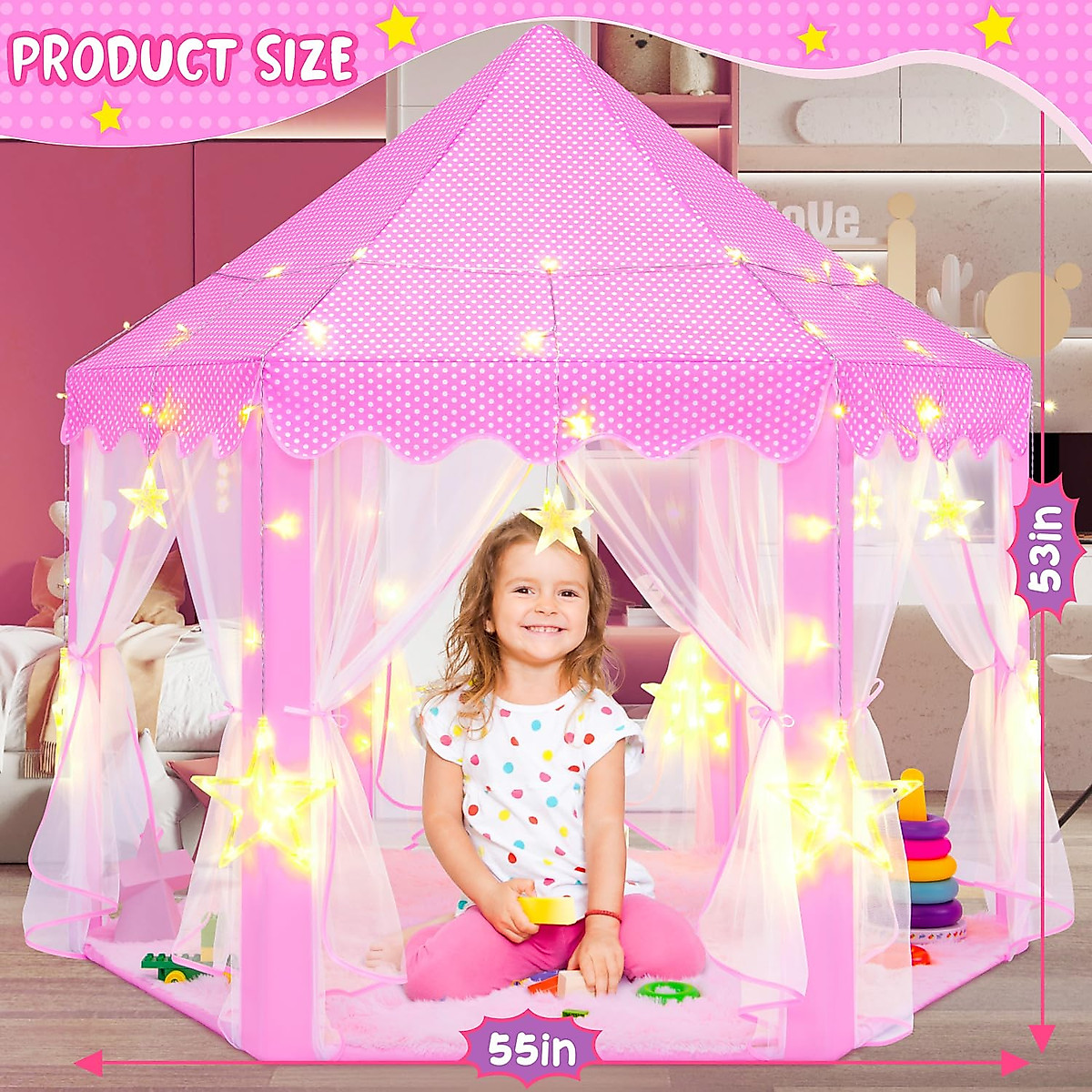 KIXINWA Pink Princess Tent for Girls, Kids Play Tent with LED Large Star Lights, Castle Playhouse Tent for Children Toddlers Indoor Outdoor Games, 55×53 Inches