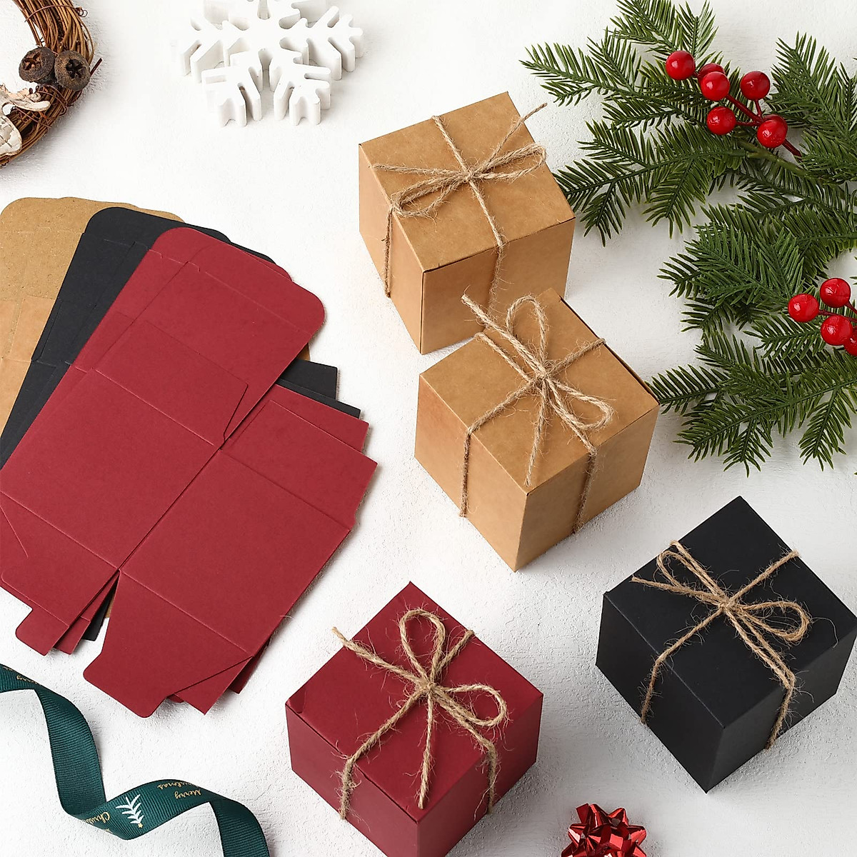 Spiareal 60 Pcs Small Gift Boxes 3 x Inches Christmas with Twine Candle Packaging Square Kraft for Xmas Gifts Wedding Birthday Bridesmaid Proposal Party Favors, Brown Red Black