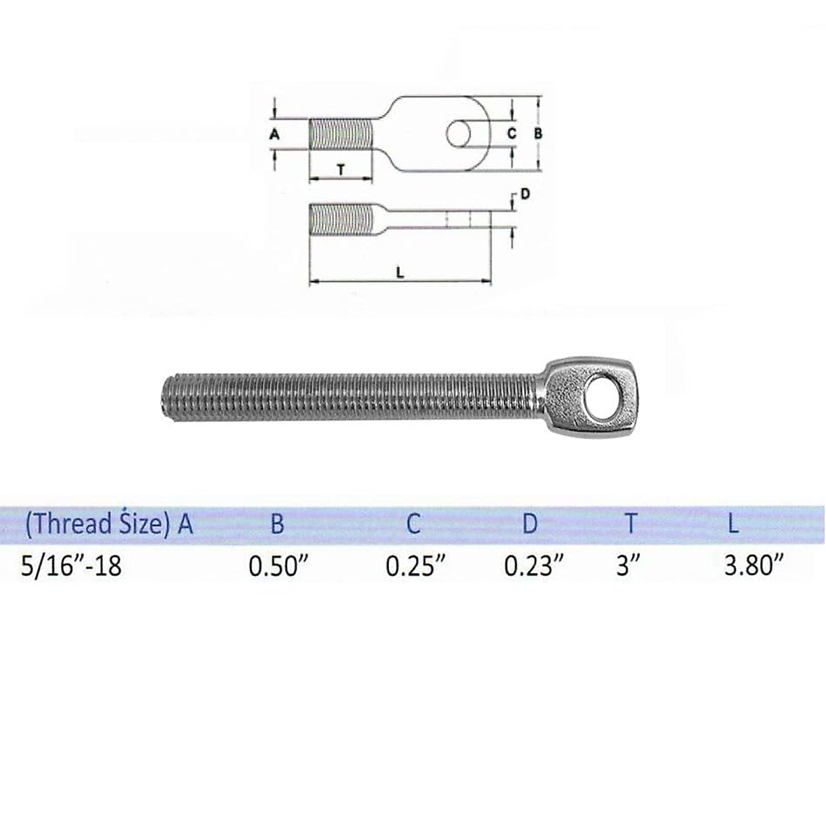 Set of 5 Pcs 3-1/2 Inch Long 5/16 Inch - 18 Thread Size SST316 Threaded Eye Tab
