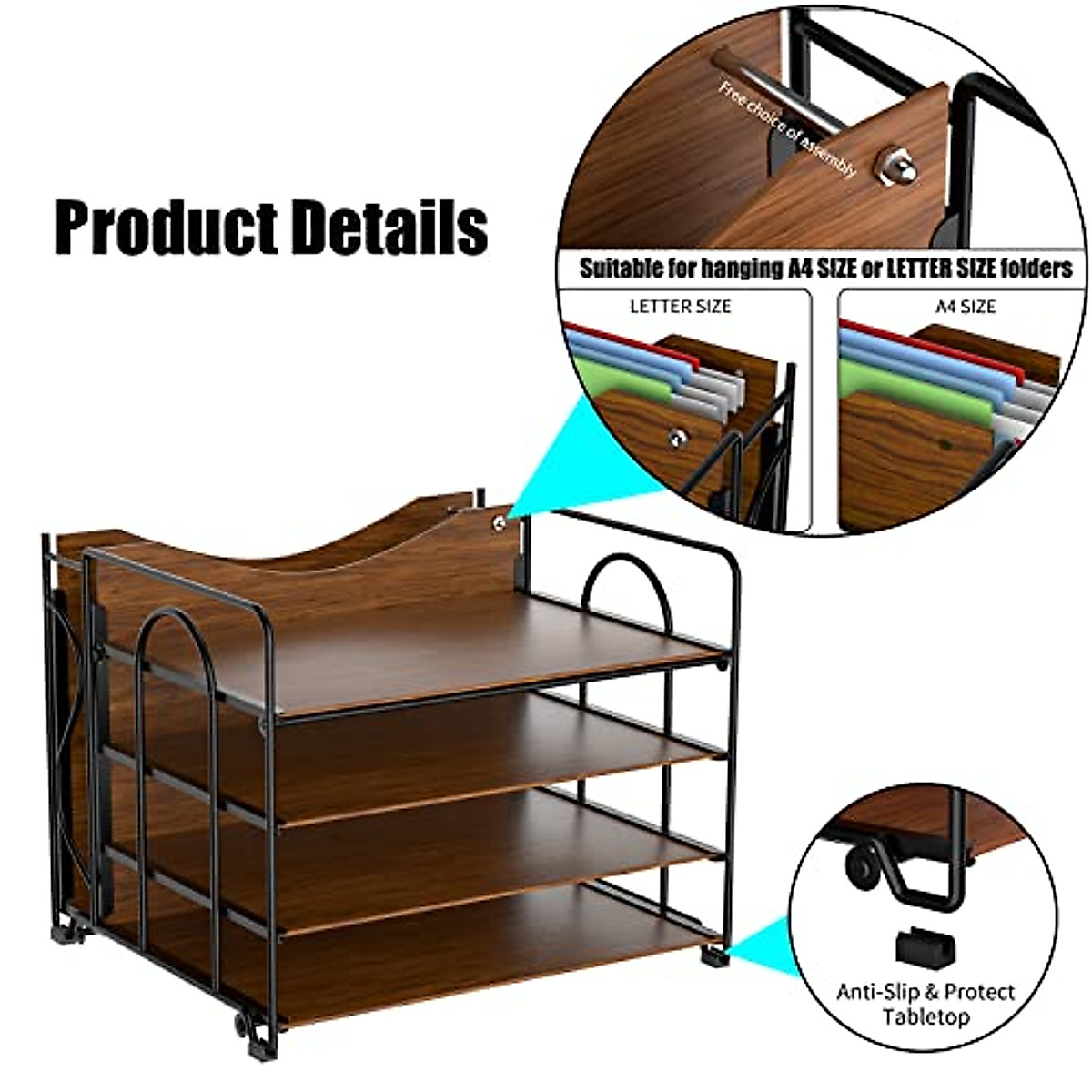 Aimeaihe Desk File Organizer, 4-Tier Desk Organizers Wood with 5 A4 File Folders, Letter Size Office Organizers for Desk, Letter Paper Tray Organizer for Office, School, Home, Black