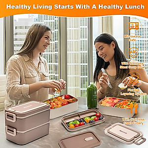 Rezicom Stainless Steel Lunch Box for Kids and Adult, Two Layer 2 L Capacity Leak-Proof Bento Box for Kids, Lunch Containers for Women School Office with Stainless Steel Soup Bowl Spoon and Fork