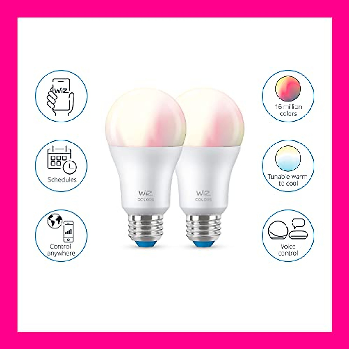 WiZ Connected 2-Pack Color 60W A19 Smart WiFi Light Bulb, 16 Million Colors, Compatible with Alexa and Google Home Assistant, No Hub Required, 2 Bulbs