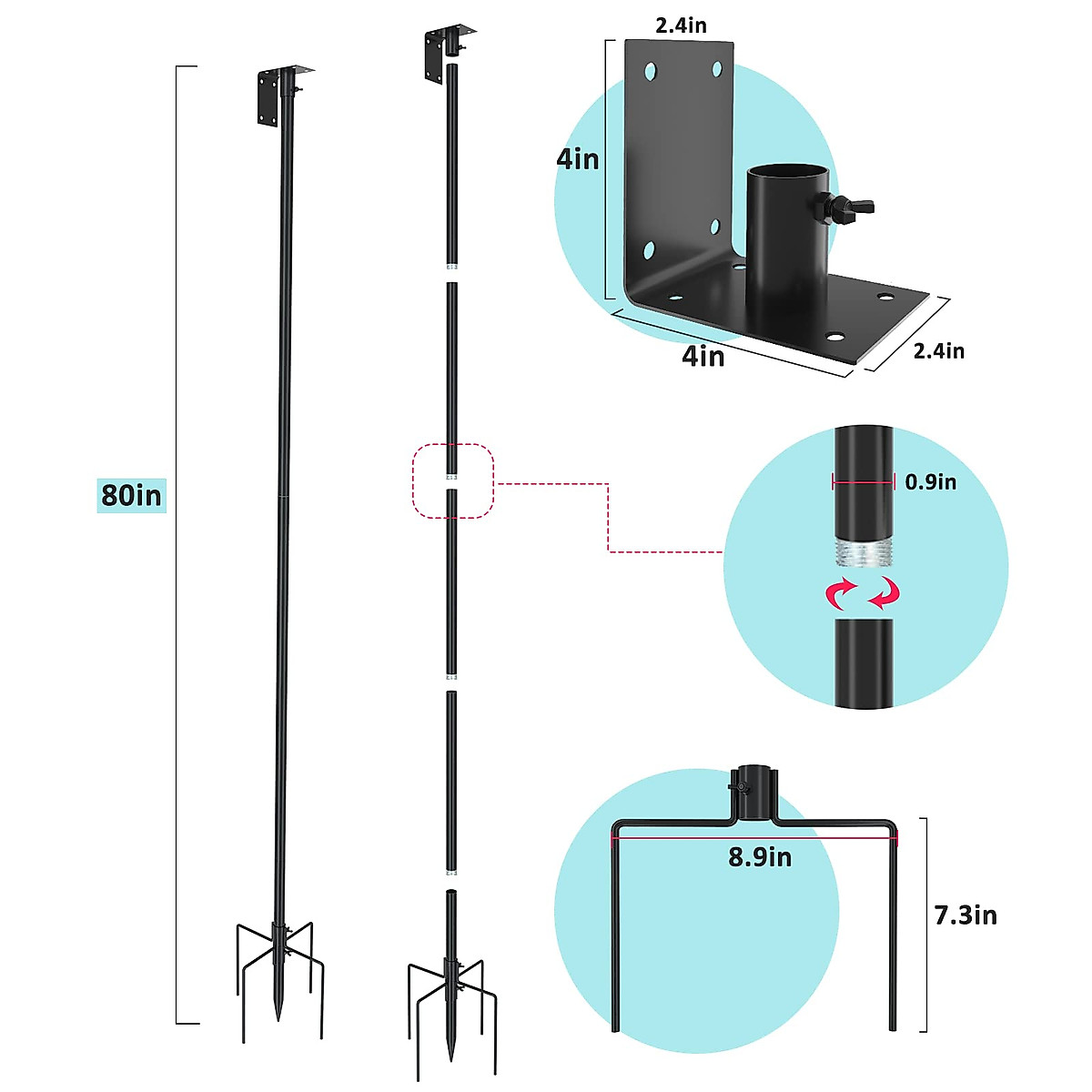 ERYTLLY Bird House Pole Mount Kit 80 Inch - Adjustable Hummingbird Bird Feeder Post Support Rod Universal Stand Set with 5 Prongs for Outdoor, Yard, Garden Decor, Black