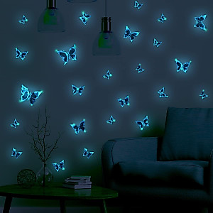 Glow in The Dark Butterfly Wall Decals Blue Luminous Butterfly Wall Stickers Wall Art Butterfly Decor DIY Wall Decals for Kids Girls Bedroom Bathroom Decorations