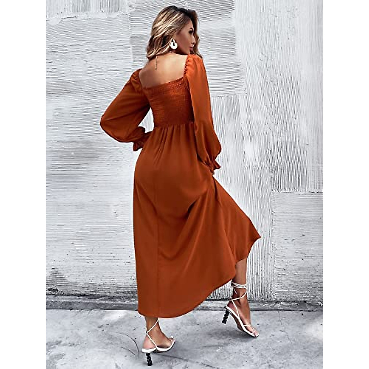 Floerns Women's Boho Floral Print Square Neck Flounce Sleeve A Line Long Dress A Burnt Orange XS