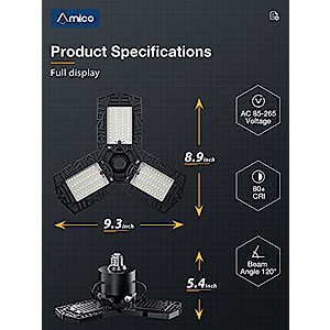 4-Pack LED Garage Lights, 50W LED Shop Light with 3 Ultra Bright Adjustable Panels, 5000LM 6500K Deformable Ceiling Lights for Garage, Attic, Basement, E26/E27 Base