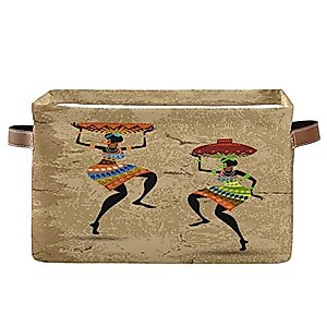 ALAZA Decorative Basket Rectangular Storage Bin, Tribal Ethnic African Women Organizer Basket with Leather Handles for Home Office