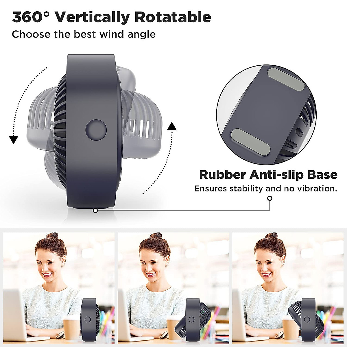 Mini USB Desk Fan Battery Operated, Duoai 2500mAh Desktop Rechargeable Small Quiet Personal Fans Portable with 360°Rotation 3 Speeds for Office Home Library Dorm Bedroom Car Outdoor Travel, Blue