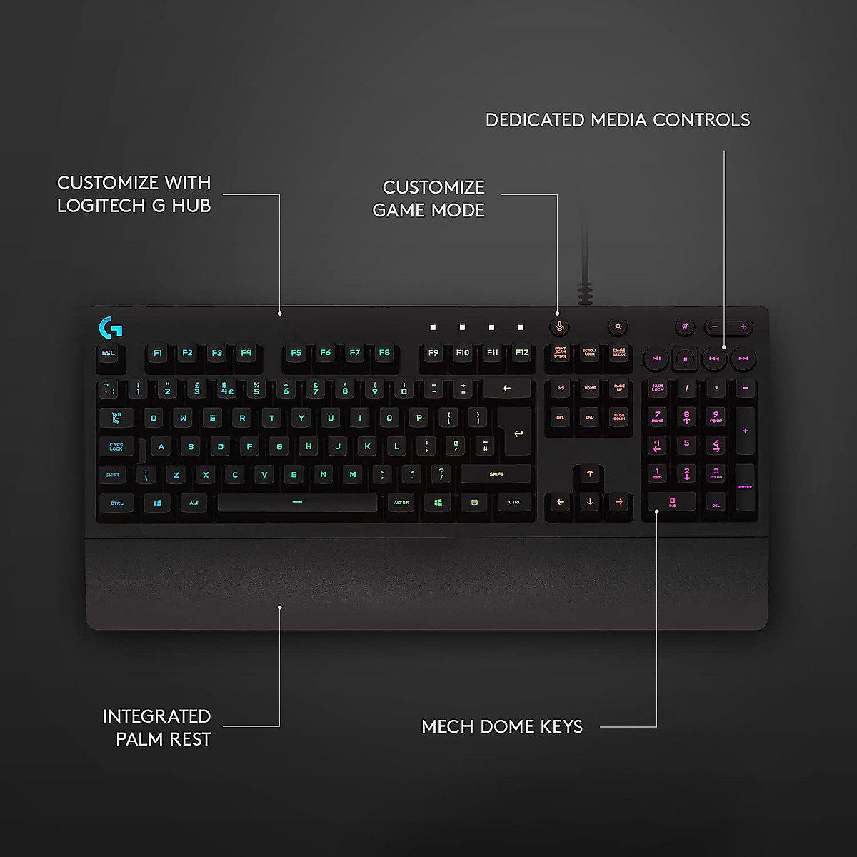 Logitech G213 Wired Gaming Keyboard with Dedicated Media Controls, 16.8 Million Lighting Colors Backlit Keys, Spill-Resistant and Durable Design, Black