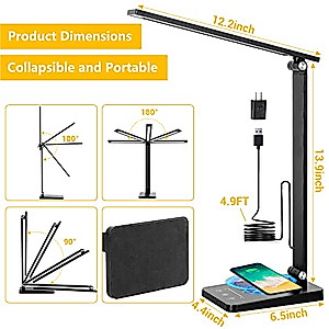 LED Desk Lamp for Home Office, 3 Levels Dimmable Desk Light with USB Charging Port, Small Study Lamp, Reading Light for Table, Deep Black, 5000K