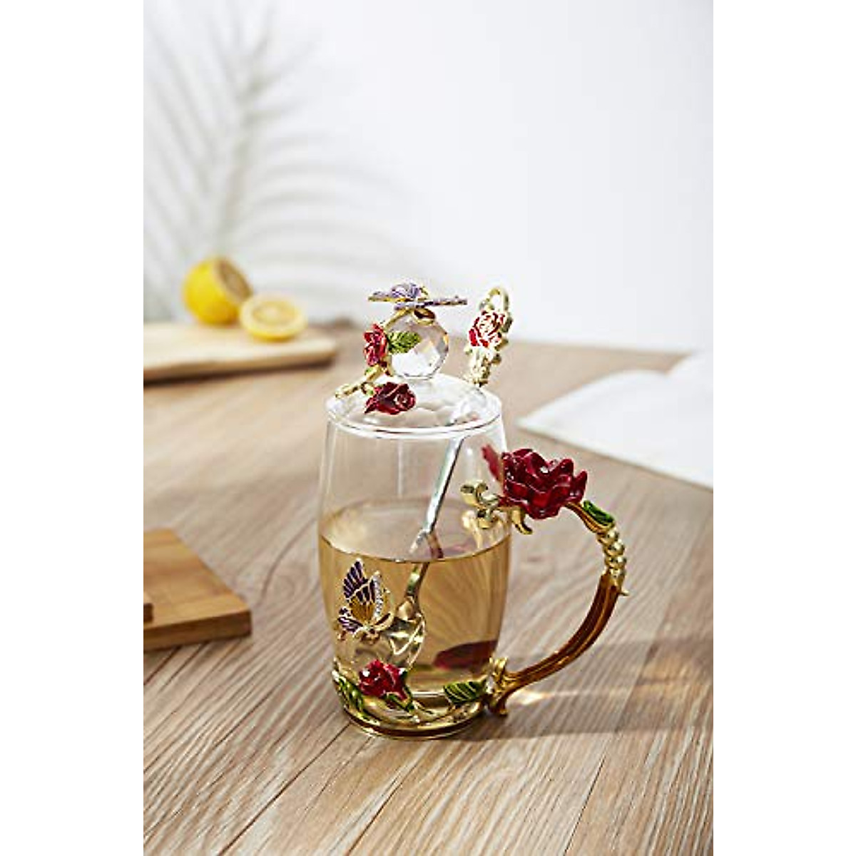 Flower Teacup Transparent Glass Teacup, (With Spoon + Lid) , Fancy Tea Cups , Flower Tea Cup,Tea Cup Gift, Gifts for Women,Mother's Day Present，Gift Box. (Rose Red High Cup)