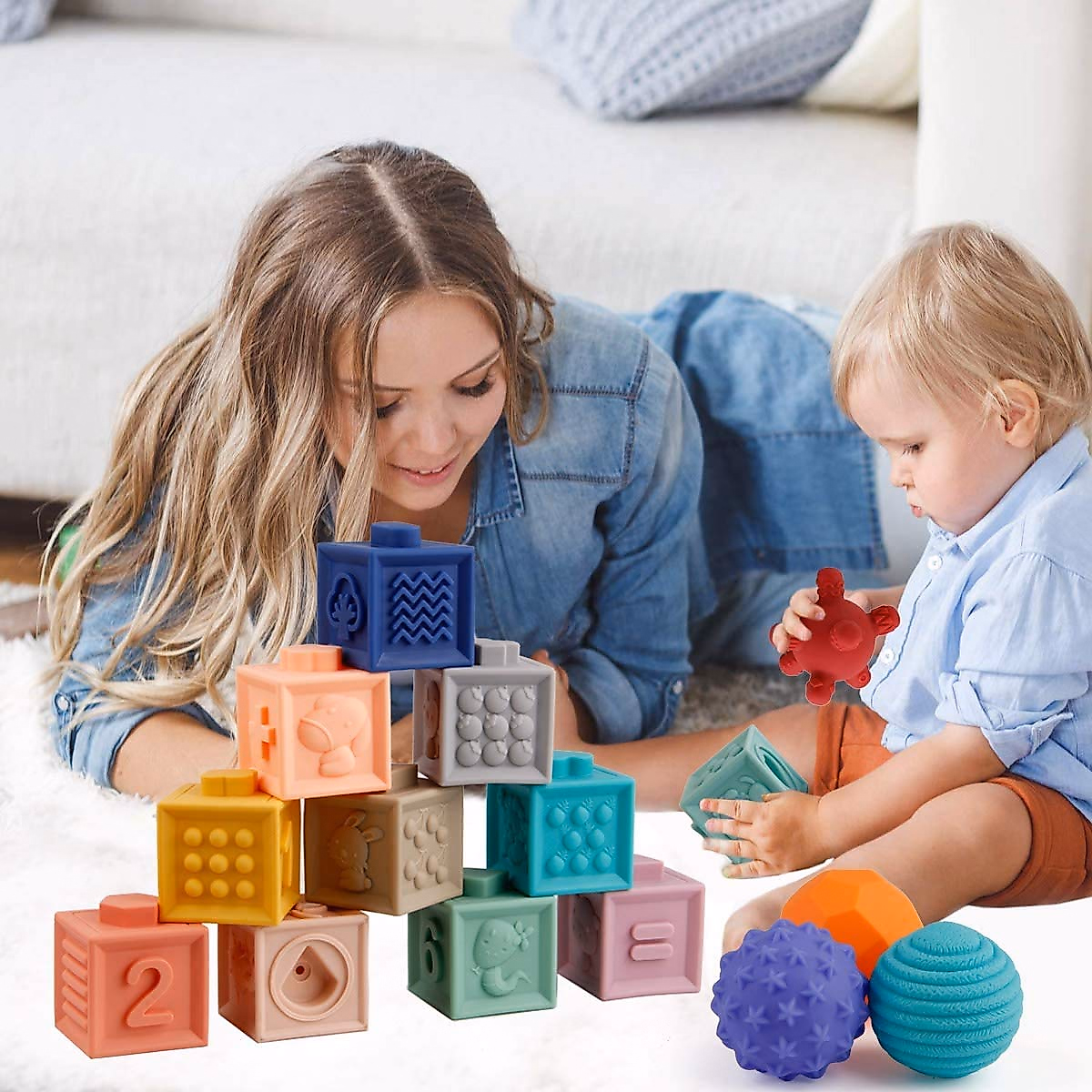 BOBXIN 15 PCS Baby Blocks Toys Soft Stacking Blocks Baby Sensory Ball Teether Infant Bath Toys Squeeze Play with Numbers Shapes Animals Fruit and Textures Toy for Babies Toddlers 6 Months