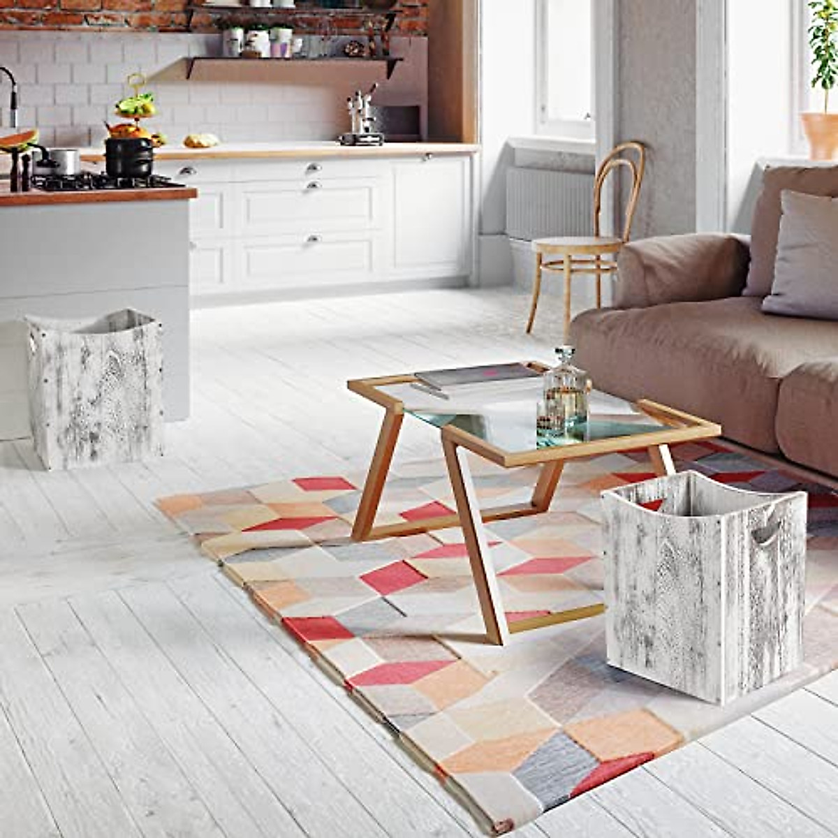 Office Trash Can, Rustic Waste Basket Set 2 Pack Wood Trash Can Farmhouse Style Wastebasket, 5.28 Gallon Garbage Bin with Handle for Living Room Bedroom Bathroom Trash Can (2, Rustic White)