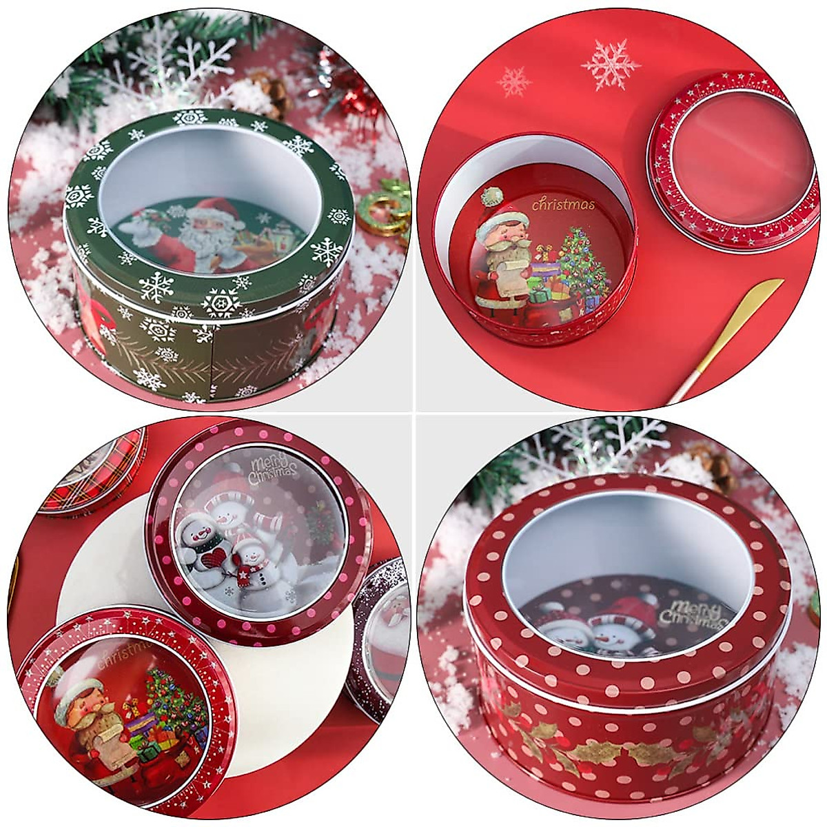 Cabilock 4pcs Christmas Empty Tin Round Metal Tins with Lids Metal Containers for Goodies Chocolate Nuts and Home Storage Cerebrate a Holiday