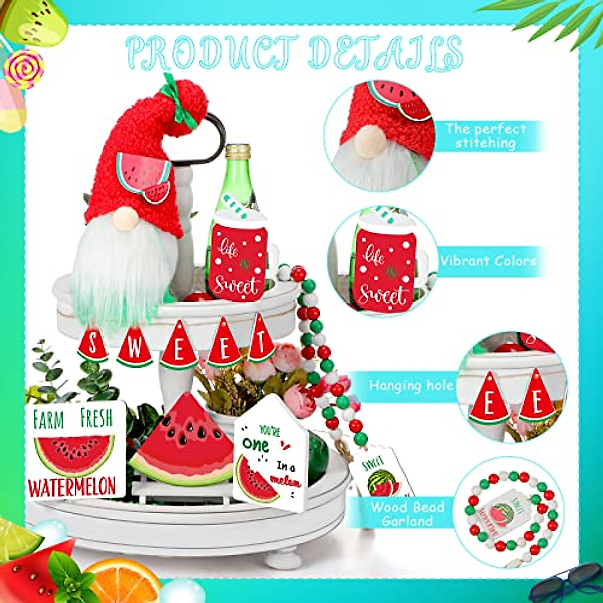 11 Pieces Watermelon Tiered Tray Decor Watermelon Wooden Kitchen Signs Watermelon Gnome Banner Beaded Garland Decor Set My Happy Summer Decor for Summer Fall Rustic Decor (Red)