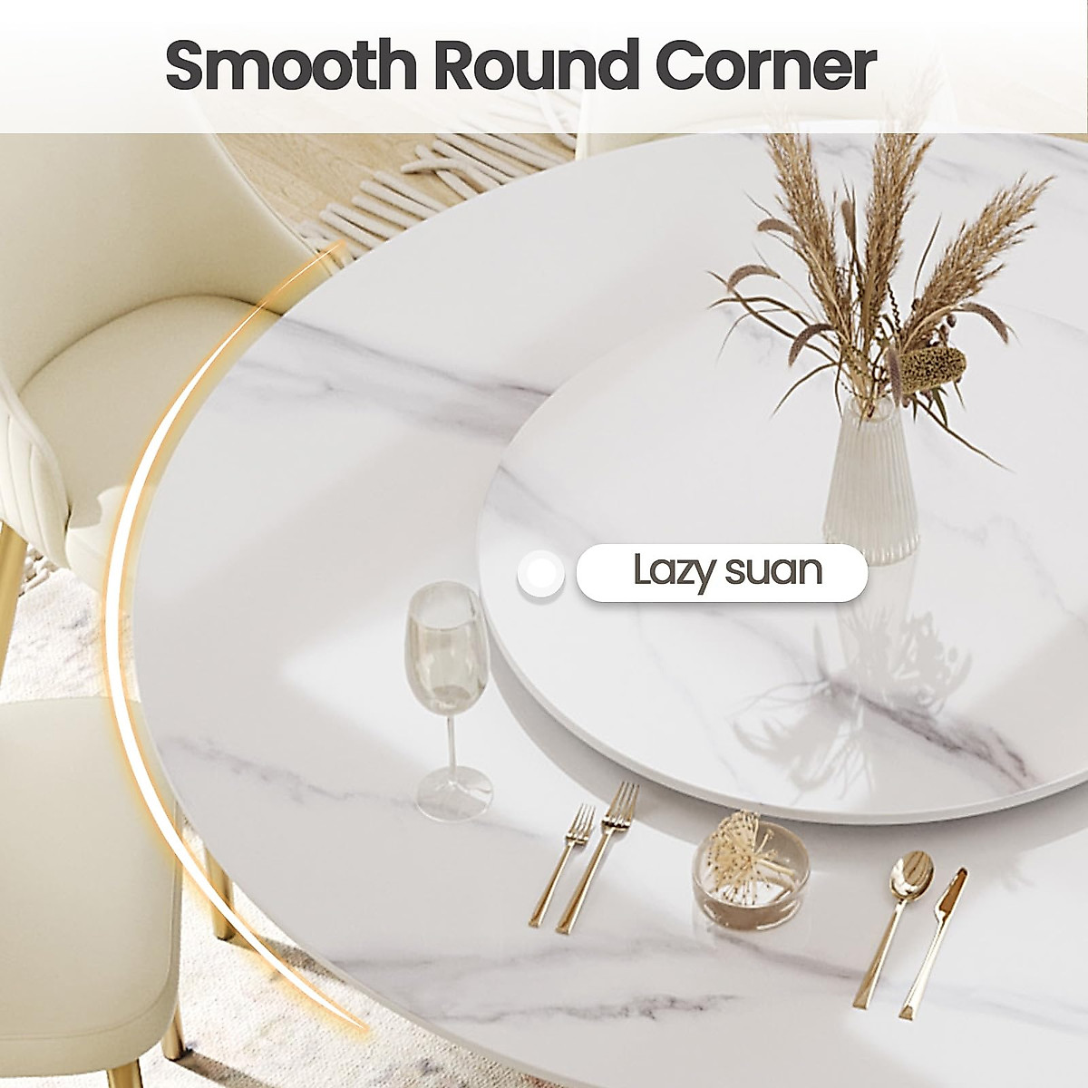 59'' Round Marble Dining Table for 6,Modern White Marble Sintered Stone Round Kitchen Table with Lazy Susan,Faux Marble Dining Table with Solid Wood Pedestal,Wrapped in PU Leather(Only Table)