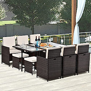 HomSof Outdoor Garden Furniture Wicker Conversation Ottomans and Glass Top Table, Brown 11 Piece Patio Dining Set