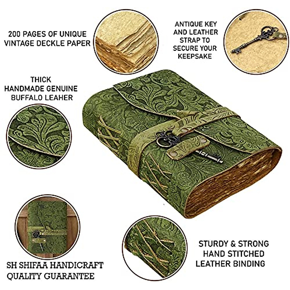 Leather Journal - Antique Handmade Deckle Edge Vintage Paper Leather Bound Journal - Book of Shadows Journal - Leather Sketchbook - Drawing Journal - Great Gift ( Green )