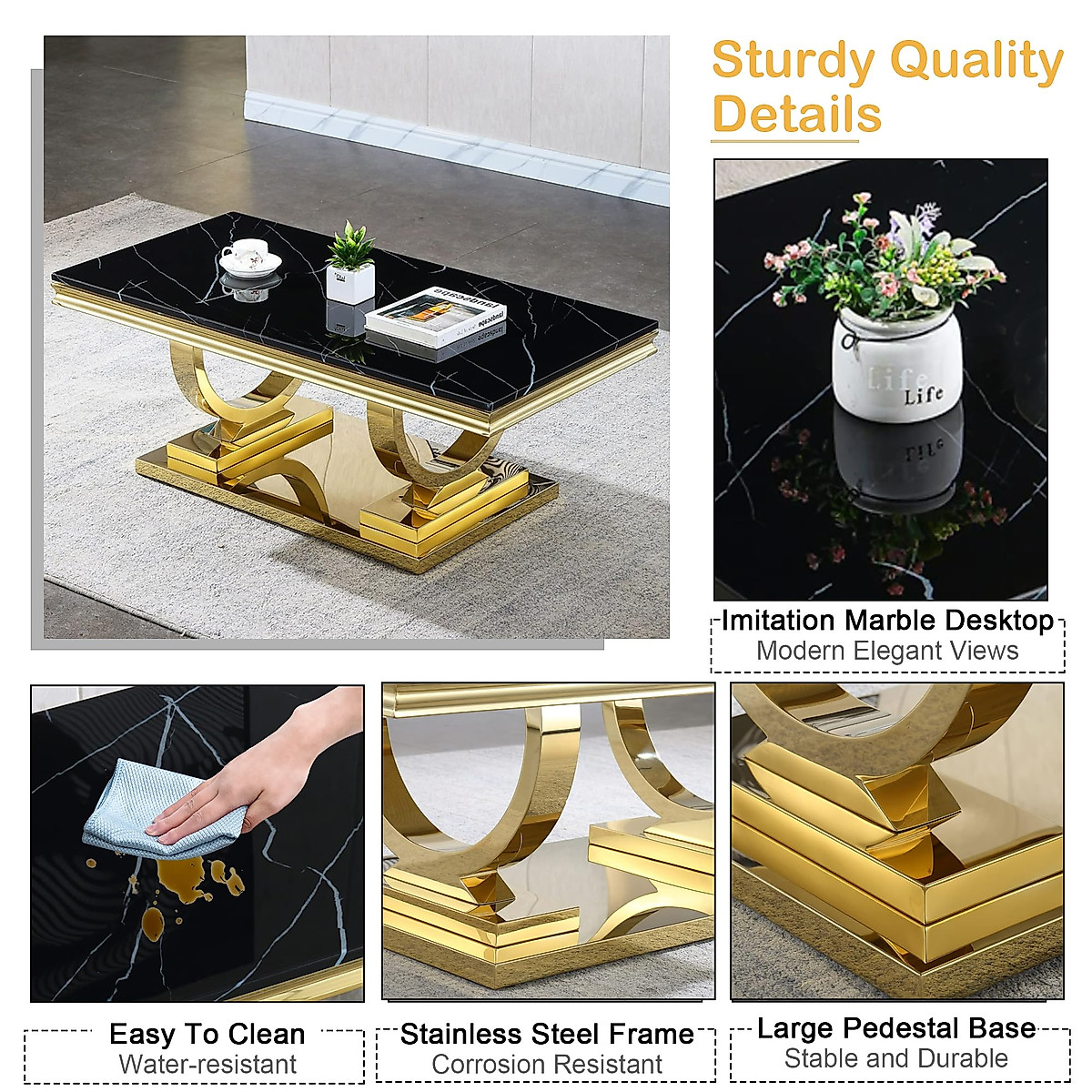 47" Rectangular Marble Coffee Table, Modern Luxury Living Room Center Table, Mid-Century Elegant Black Faux Marble Cocktail Table with O-Shape Gold Mirrored Stainless Steel Pedestal Base