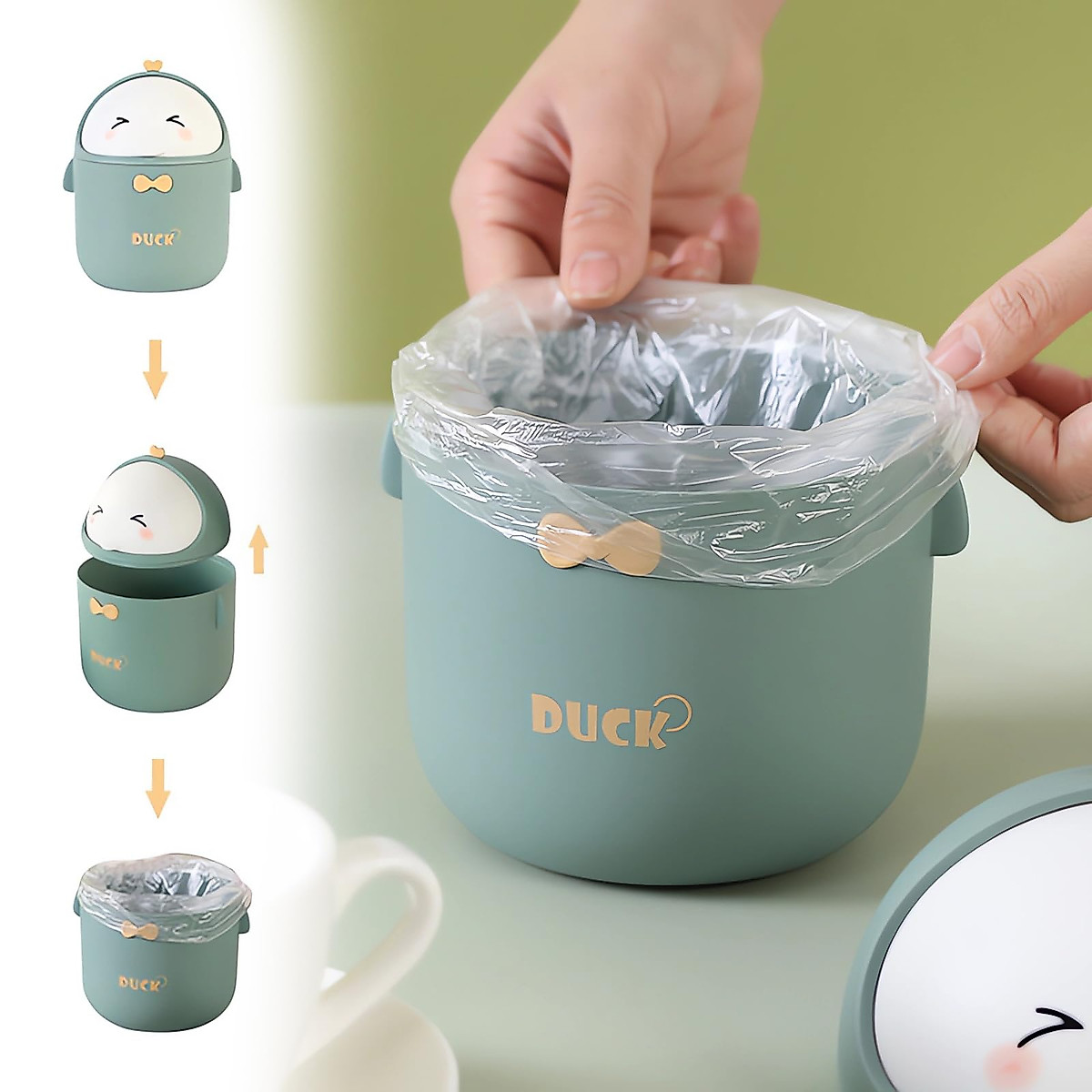 QLFJ-FurDec Cute Desktop Trash Can Wastebasket with 90 Trash Bags, Creative Mini Countertop Garbage Can with Lid, Small Plastic Storage Bin for Home Kitchen Dressing Office Kids Bedroom(Yellow)