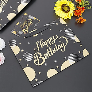U'COVER 13" Black Happy Birthday Gift Bags Medium Size for Men Gold & Silver Foil Polka Dots Gift Bag with Handles for Father Husband with Card & Tissue Paper (Black & Golden)