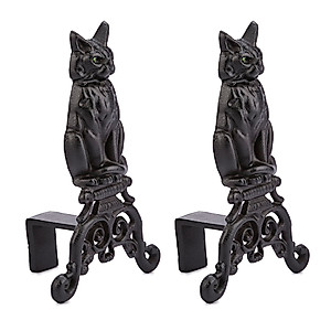 UniFlame, A-1251, Black Cast Iron Cat Fireplace Andirons with Reflective Glass Eyes