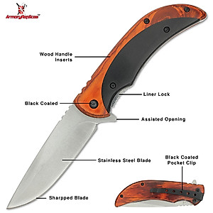 Armory Replicas Ash Woods Spring Assisted Pocket Knife - Durable Stainless Steel Blade, Wooden Handle, Liner Locking Mechanism