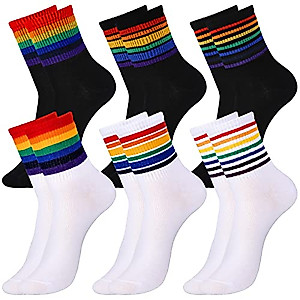 Bencailor 6 Pairs Crew Socks Striped Rainbow Athletic Cotton Novelty Ankle Socks Casual Multicolored Unisex Matching Socks (Vivid)