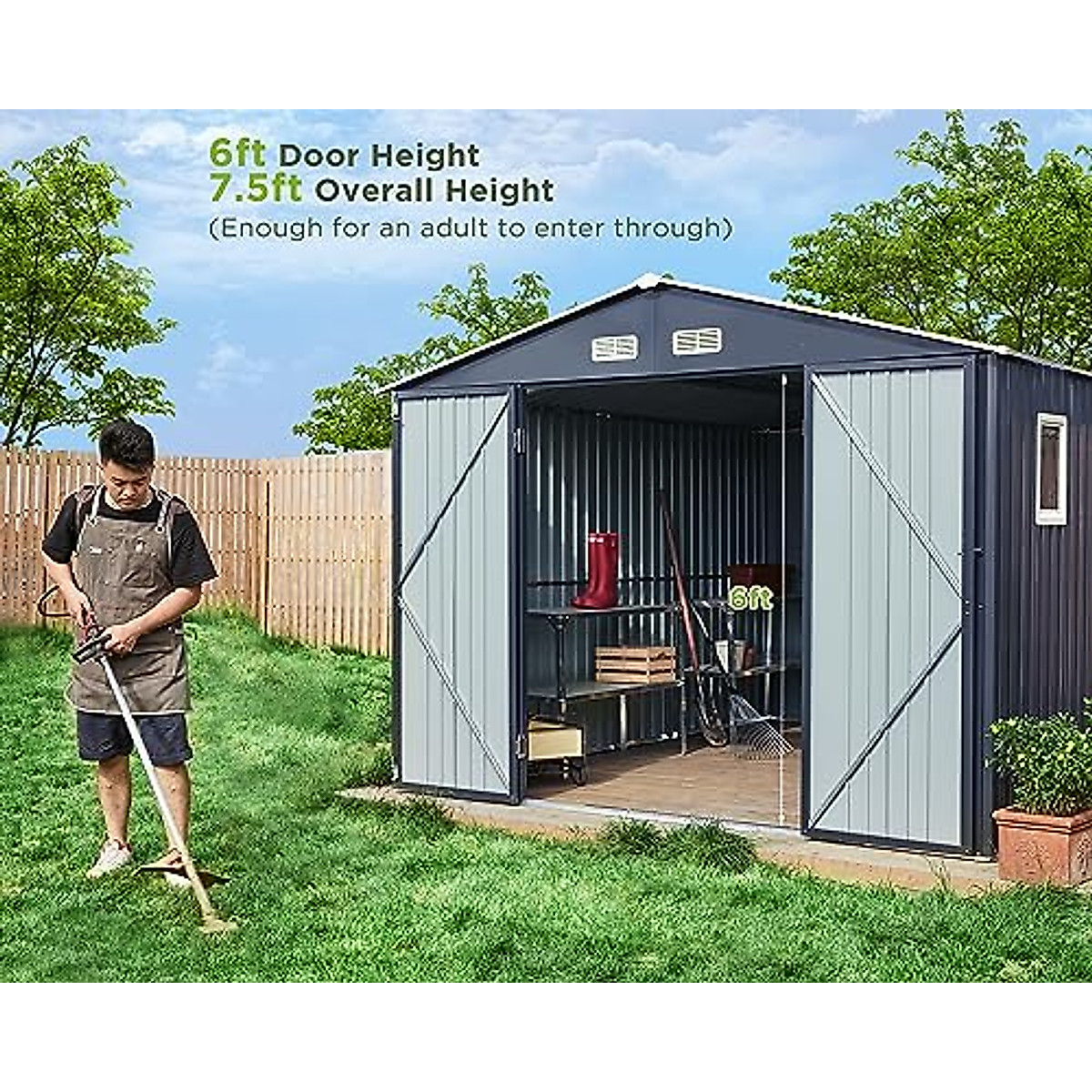 VanAcc 10x12x7.5 FT Outdoor Storage Shed, Galvanized Steel Metal Garden Sheds with 2 Light Transmitting Window and Double Lockable Door, Oversized Tool Sheds for Backyard Patio Dark Grey/White