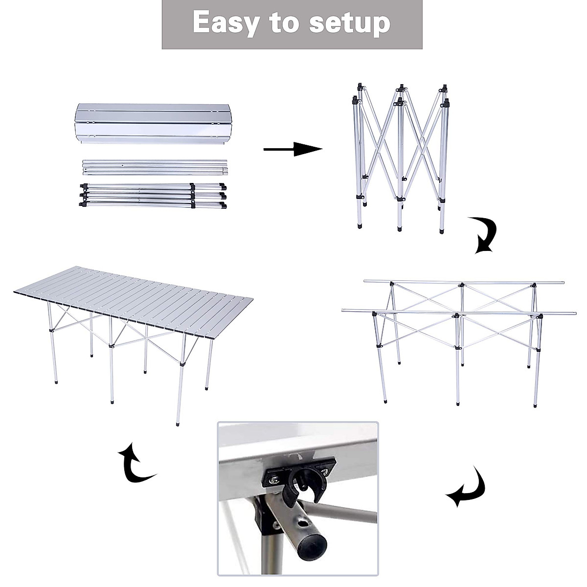 Koreyosh Folding Camping Picnic Table 55 Inches Portable Roll Up Lightweight Compact Aluminum Outdoor Table with Carry Bag for Party,Beach, BBQ, Buffet (Silver)