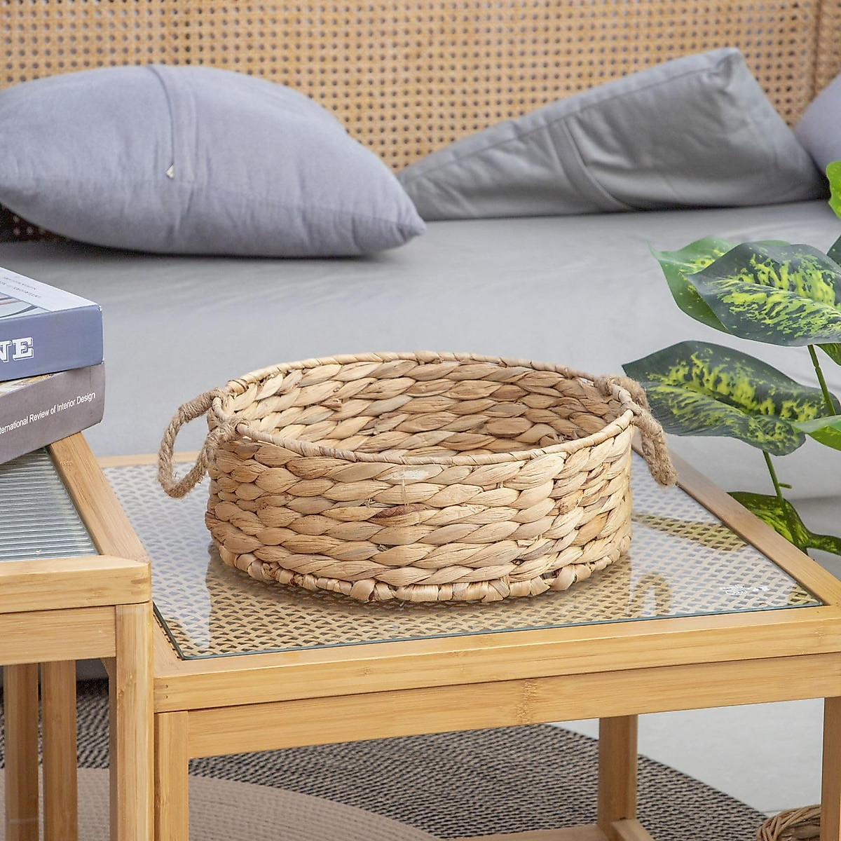 YRLSOTGE Water Hyacinth Storage Baskets, Decorative Baskets for Organizing with Double Handles-Wicker Baskets for Shelves,Round Wicker Baskets -Store Make-Up Accessories, Paper Towel,1 Pack.