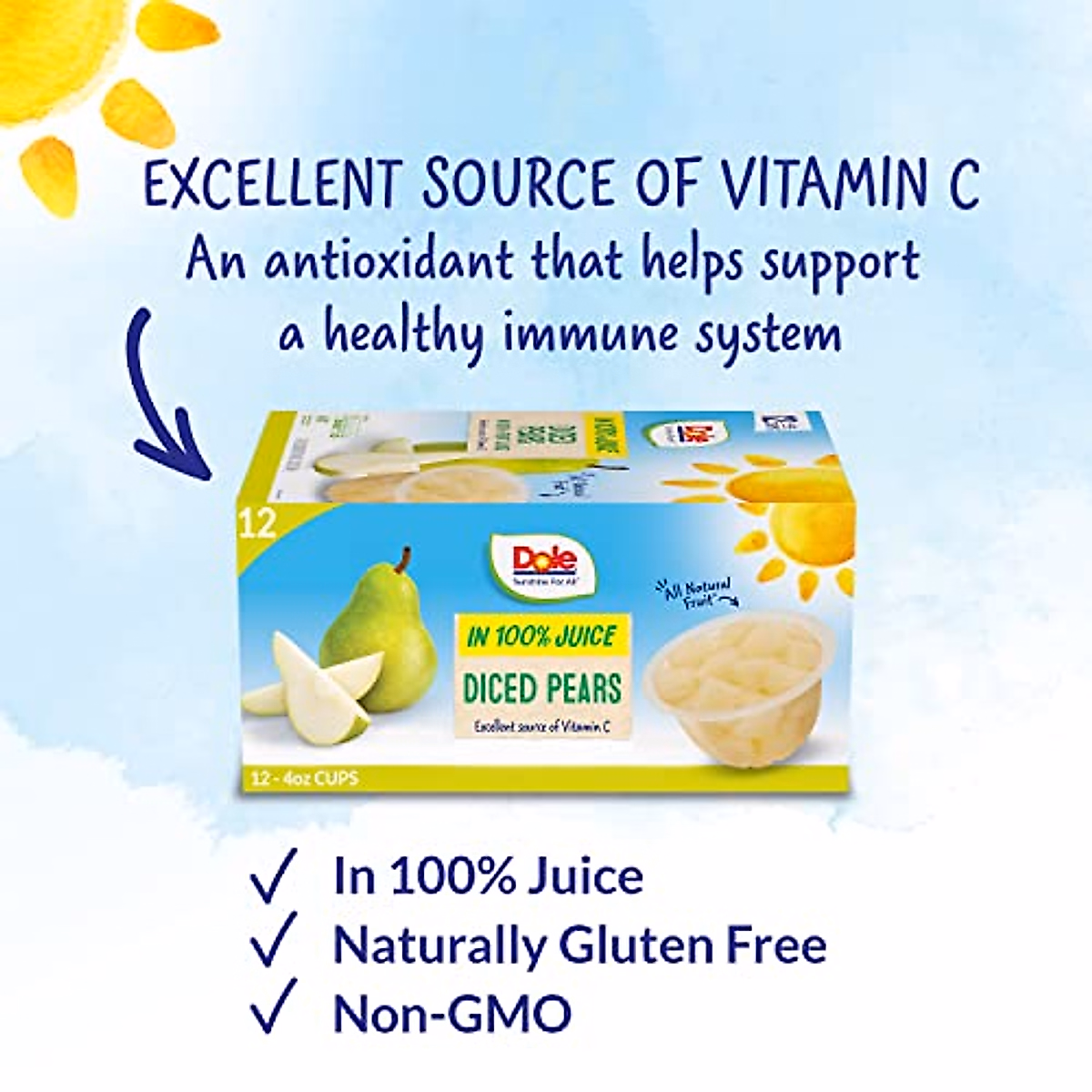 Dole Fruit Bowls Diced Pears in 100% Fruit Juice Snacks, 4oz 12 Total Cups, Gluten & Dairy Free, Bulk Lunch Snacks for Kids & Adults