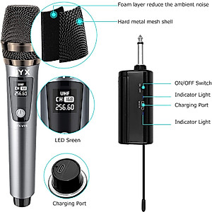 JYX Wireless Microphone, Professional UHF Metal Handheld Dynamic Mic System with Rechargeable Receiver 1/4''(6.35mm) Plug, for Amplifier, PA System, Karaoke Singing, Wedding, Party, Speech, Church
