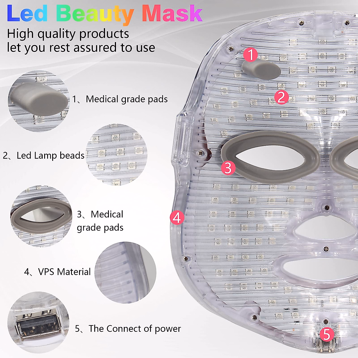 Spardar Led Face Mask Light Therapy, 7 Led Light Therapy Facial Skin Care Mask for Mask Therapy Facial - Anti-aging - Wrinkle Reduction - Skin Tightening and Spot Control Skin Care Beauty Mask