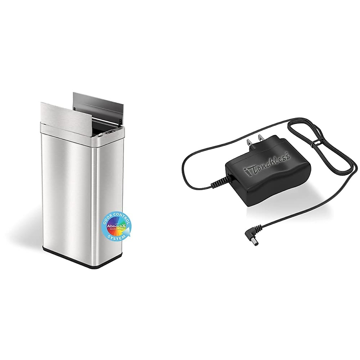 iTouchless, 68 Liter Wings-Open Sensor Trash Can & Pet-Proof Lid, Stainless Steel, 18 Gallon & AC Power Adapter for Automatic Sensor Trash Cans