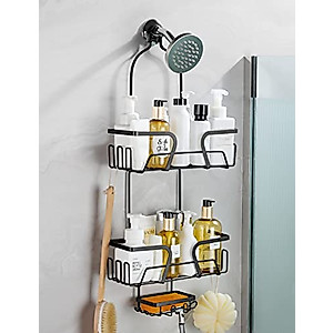 Taozun Shower Caddy Over Shower Head - Hanging Shower Caddy Rustproof Stainless Shower Organizer Hanging Storage Rack Basket with 6 Hooks for Soap and Sponge - Black