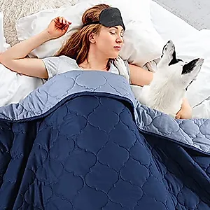 S a g i n o Weighted Blanket & Sleep Mask for Adults - Twin Size, 60"x80", 15lbs - Heavy Cooling Blankets with Premium Glass Bead for Restlessness, Navy (Inner Layer Grey)