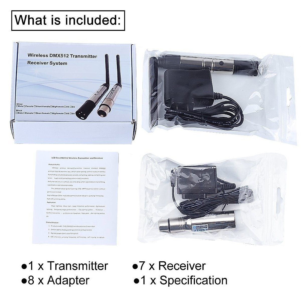 CHINLY 8pcs DMX512 DMX Dfi DJ 2.4G 7 Charging Wireless Receiver Built-in Battery & 1 Transmitter LED Lighting Control for LED Stage Par Party Light