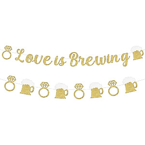 Cheereveal Beer Themed Bridal Shower Decorations, Love Is Brewing Banner Sign, Gold Glitter Beer Diamond Ring Garland for Bachelorette Wedding Engagement Anniversary Party Supplies