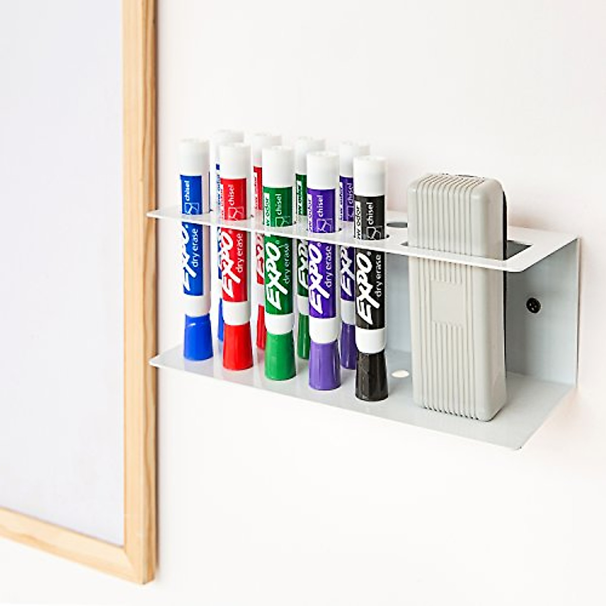 MyGift 10-Slot Wall-Mounted Metal Office Organizer Dry Erase Marker and Eraser Holder Rack, White