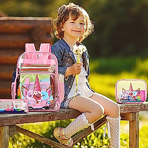 Kacctyen 3 Pcs Pink Clear Backpack Stadium Approved Backpack for Girls Clear School Backpack with Lunch Bag for Girls Boys(Unicorn Style)