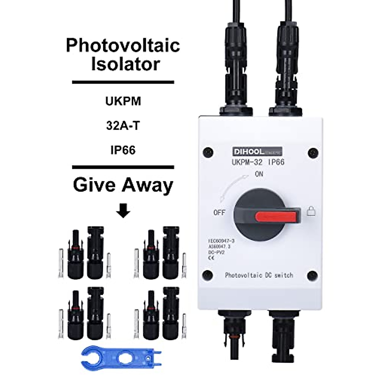 DIHOOL Solar Panel Disconnect Switch, DC 30 Amp PV Solar Isolator Disconnect, DC1200V, IP66