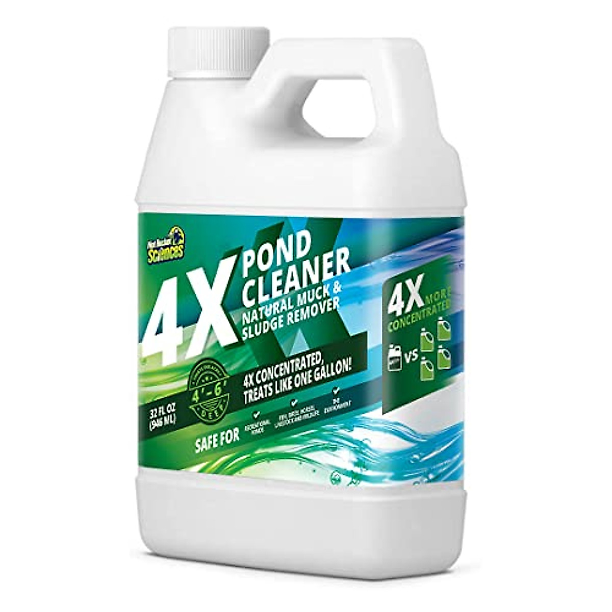 4X Pond Cleaner - Reduces Muck & Sludge for a Clean, Natural Look - Super Concentrated Lake and Water Feature Enzymes Treats Up to 1 Acre, Pair with Dye - Safe for Fish and Wildlife (32 oz)