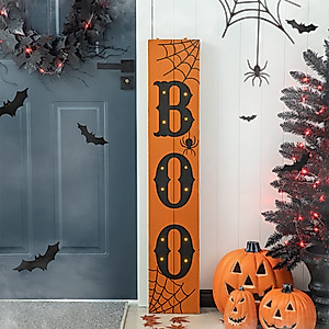 Glitzhome 42" H Halloween Porch Board Sign with Timer 6 Hours On /18 Hours Off, Lighted Halloween "BOO" Hang Sign or Lean Against Wall Standing Sign, 12 LED Lights Wood Plaques for Outdoor Decor